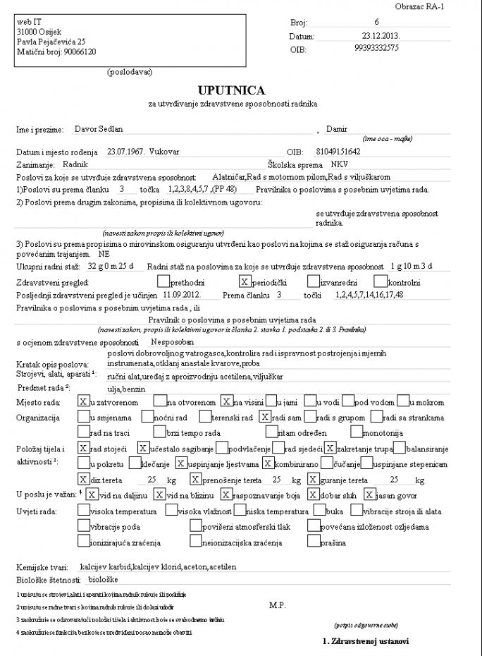 Vođenje evidencija o liječničkim pregledima – Računalni program Sinarm